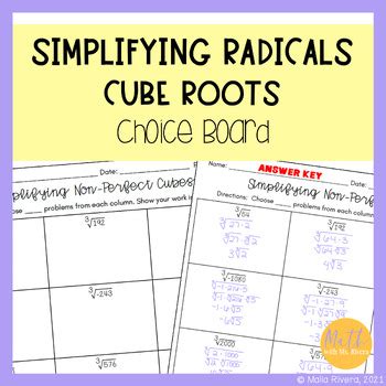 Simplifying Radical Expressions Cube Roots Worksheet Choice Board For Algebra