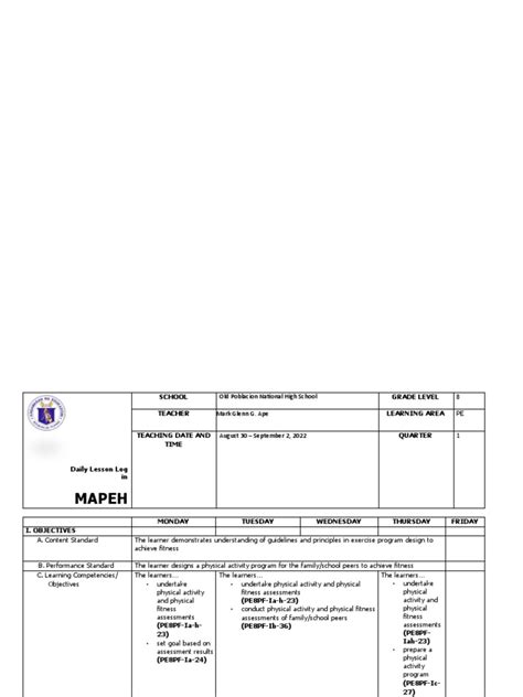Pe8 Q1 Week1 Pdf Physical Fitness Learning