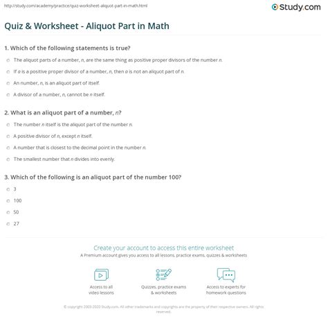 Quiz And Worksheet Aliquot Part In Math