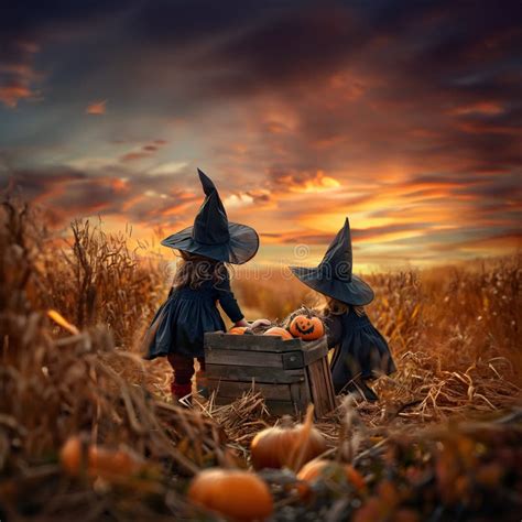Witches With Wooden Box Full Of Halloween Pumpkins Stock Illustration