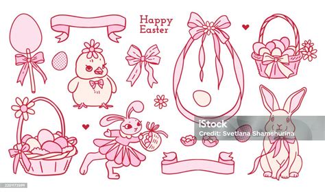 부활절 요소와 분홍색 리본 리본이 있는 캐릭터 세트 부활절 디자인을 위한 간단한 윤곽선 손으로 그린 평면 클립 아트 요염한 여자 디자인 벡터 가공의 인물에 대한 스톡 벡터