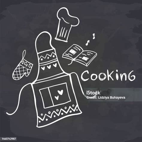 요리 포스터 요리사 모자 앞치마 오븐 장갑 및 분필 보드에 손으로 그린 조리법 책이있는 포스터 벡터 그림입니다 아이콘에 대한 스톡 벡터 아트 및 기타 이미지 Istock