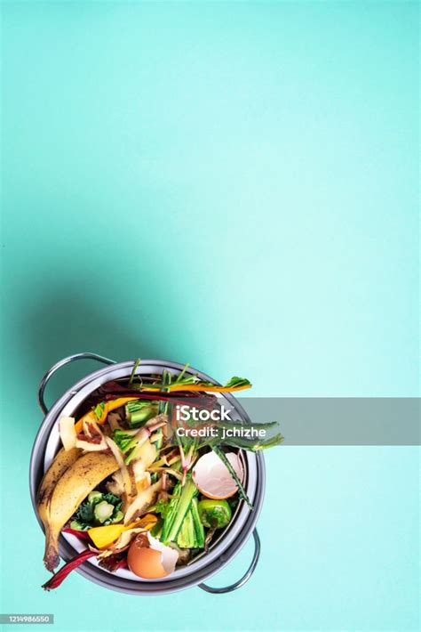 재활용 퇴비 냄비에서 수집 된 주방 음식물 쓰레기의 상단보기 도마에 껍질을 벗긴 야채 파란색 배경에 흰색 퇴비 빈 0명에 대한 스톡 사진 및 기타 이미지 Istock