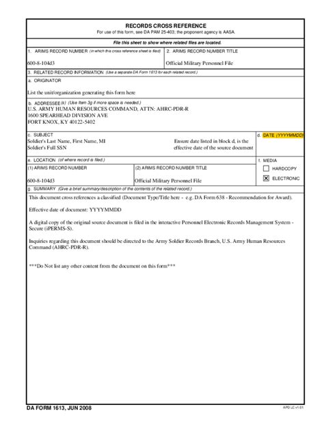 Fillable Online Records Cross Reference Da Form 1613 Fax Email Print