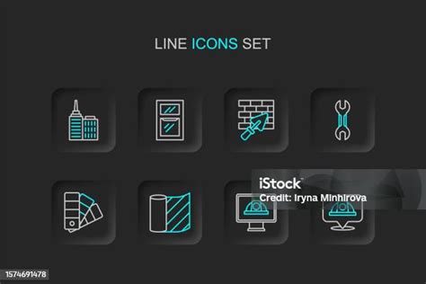 라인 작업자 안전 헬멧 벽지 색상 팔레트 가이드 렌치 스패너 흙손이 있는 벽돌 벽 망치와 렌치 도시 풍경 아이콘을 설정합니다 벡터 가정의 방에 대한 스톡 벡터 아트 및 기타