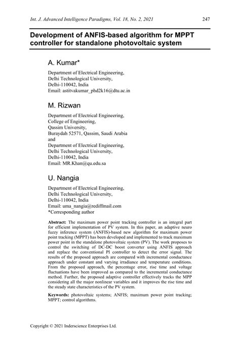 pdf development of anfis based algorithm for mppt controller for