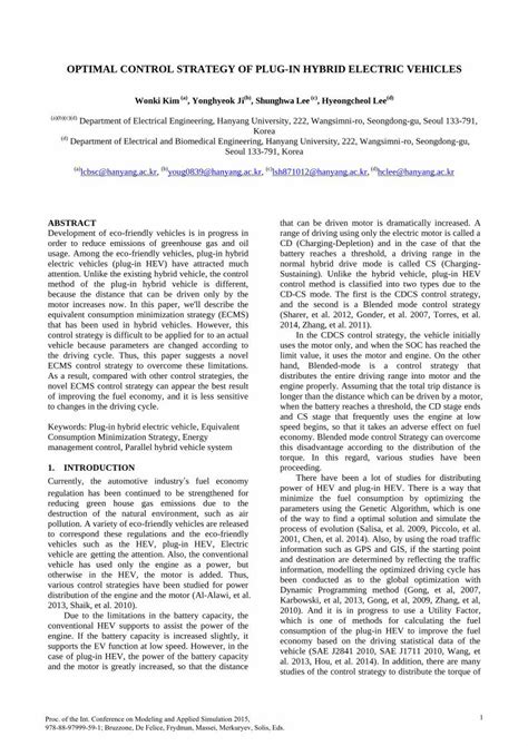 Pdf Optimal Control Strategy Of Plug In Hybrid Electric Vehicles