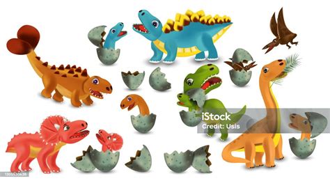 공룡 티라노사우루스 브라키오사우루스 프테로다틸 트리케라톱스 스테고사우루스 만화 캐릭터 계란에서 부화 하는 공룡 3d 벡터