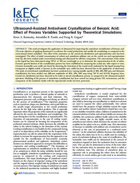 Pdf Ultrasound Assisted Antisolvent Crystallization Of Benzoic Acid Effect Of Process