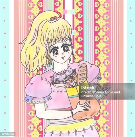 밝은 미소 금발 어린 소녀 Shoujo 애니메이션 만화 스타일 식료품과 다채로운 배경 일러스트 레이 션 2022 2022년에