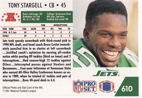 1991 Pro Set 610 Tony Stargell Nfl New York Jets Yes 4 Free Mystery