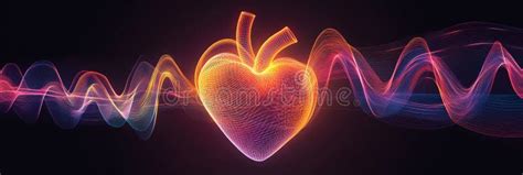 Electrocardiogram Wave Representing Pulse With Glowing Illuminated Red Human Heart Dark