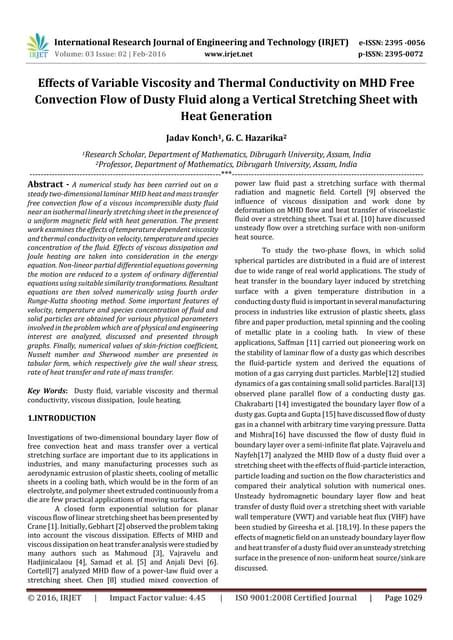 Effects Of Variable Viscosity And Thermal Conductivity On Mhd Free Convection Flow Of Dusty