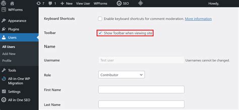 wordpress hide admin bar for all and specific users