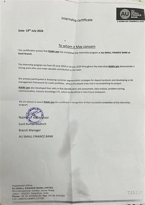 Internship Careergrowth Gratitude Ausmallfinancebank Riddhi Jain