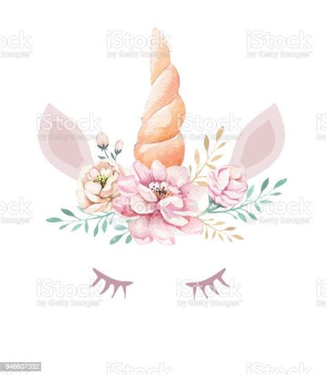 꽃 클립 아트 귀여운 수채화 유니콘 고립 보육 유니콘 그림입니다 공주 레인 보우 포스터입니다 유행 핑크 만화 조랑말 말입니다 머리에 대한 스톡 벡터 아트 및 기타 이미지
