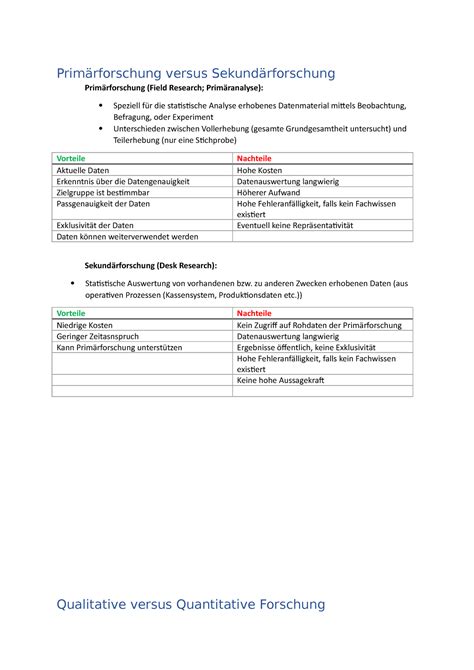 Lernzettel Management Basic Primärforschung Versus Sekundärforschung