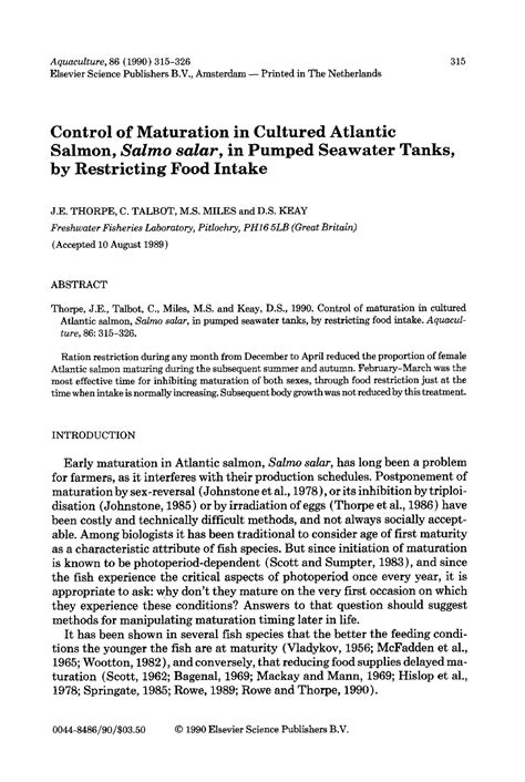 control of maturation in cultures atlantic salmon in pumped seawater