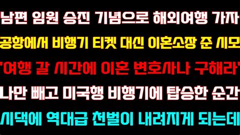 반전 신청사연 남편 임원 승진 기념으로 해외여행 가자 공항에서 비행기 티켓 대신 이혼소장 준 시모 시댁에 역대급 천벌이