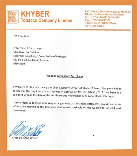 Compliance Certificate Khyber Tobacco