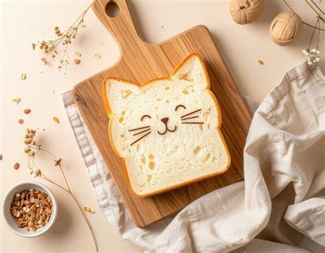 Kawaii Cat Face Toast On Cutting Board Flat Lay Stock Illustration