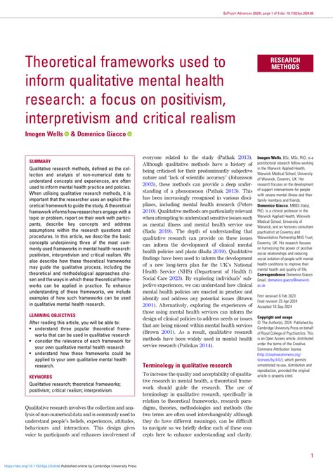 Pdf Theoretical Frameworks Used To Inform Qualitative Mental Health