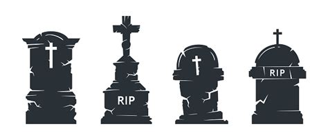 묘지 소름 끼치는 묘비 십자가와 할로윈 묘비 공포 할로윈 무덤 돌 실루엣 평면 벡터 일러스트 레이 션 세트 만화 으스스한 묘비