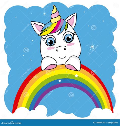 Unicorno Sveglio Del Fumetto Su Un Arcobaleno Illustrazione Vettoriale