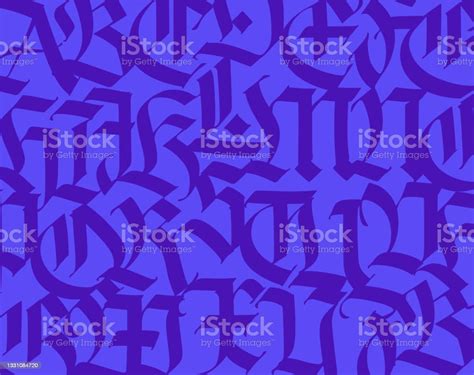 글꼴 패턴 중세 고딕 벡터 유럽 현대 고딕 양식 밝은 파란색 배경에 파란색 문자 모든 문자는 펜으로 손으로 작성됩니다 대문자 포장 및 의류 장식 검은색에 대한 스톡 벡터