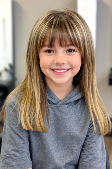 Long Layered Hair With Full Fringe For 10 Year Old Girls