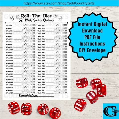 Printable Roll The Dice Savings Challenge Tracker Money Saving Challenge 52 Weeks Money
