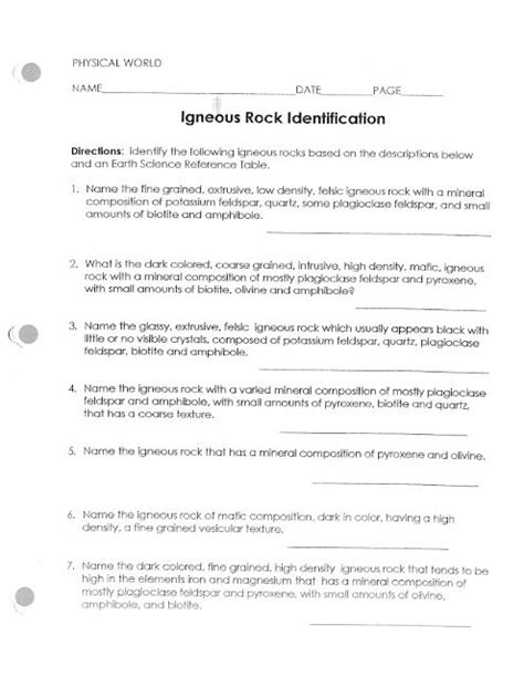 Igneous Rock Worksheet