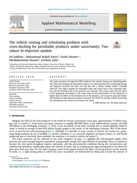 Rahbari A Nasiri M M Werner F Musavi M And Jolai F 2019 The Vehicle Routing And