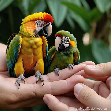 Hyper Realistic Tiny Macaw On Human Thumb Stable Diffusion Online
