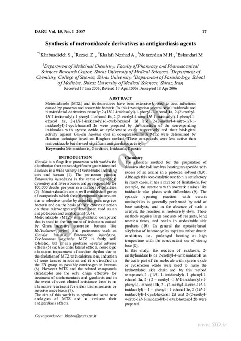 Pdf Synthesis Of Metronidazole Derivatives As Antigiardiasis Agents