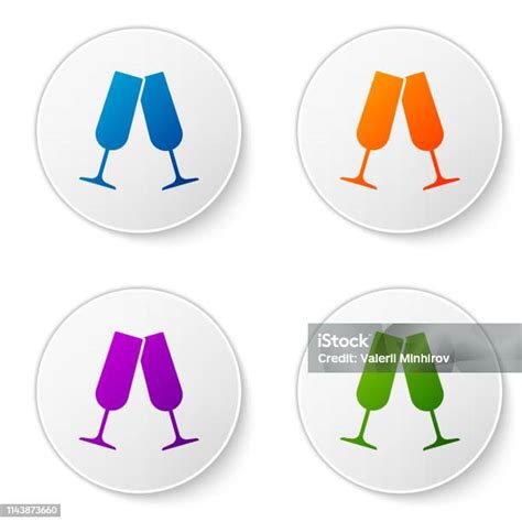 흰색 배경에 고립 된 샴페인 아이콘 컬러 안경 원 버튼의 색상 아이콘을 설정 합니다 벡터 일러스트 기념일에 대한 스톡 벡터 아트 및 기타 이미지 Istock