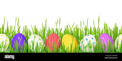 Easter Eggs And Grass Border On White Background Seamless Pattern