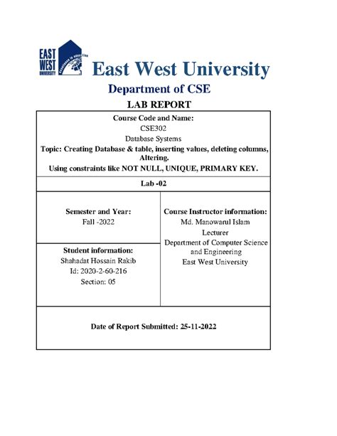 Lab 2 Lab2 East West University Department Of Cse Lab Report Course
