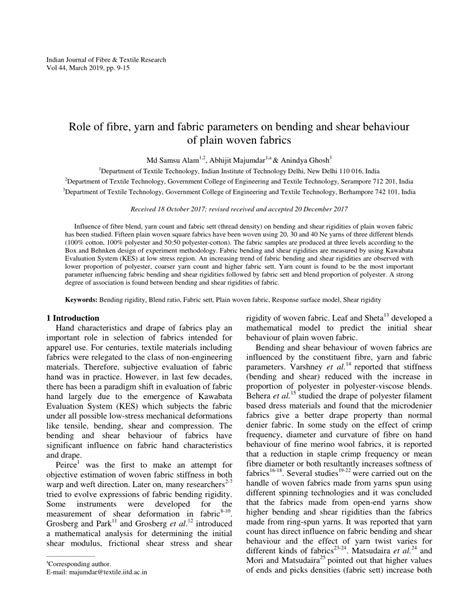 Pdf Role Of Fibre Yarn And Fabric Parameters On Bending And Shear Behaviour Of Plain Woven