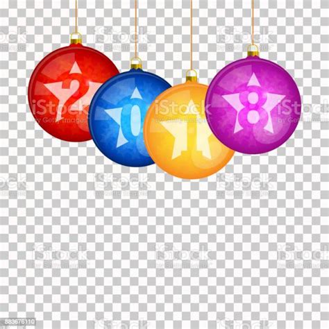 투명 한 바탕에 걸려 하는 다 색된 크리스마스 트리 공 새 해 2018 텍스트 디자인입니다 벡터 일러스트 레이 션 0명에 대한 스톡 벡터 아트 및 기타 이미지 Istock