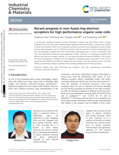 Pdf Recent Progress In Non Fused Ring Electron Acceptors For High Performance Organic Solar Cells