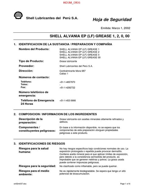 Hdsm 0806 Shell Alvania Ep Lf Grease Pdf Agua Residuos