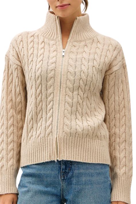 Annie Cable Knit Zip Up Sweater Beige Frakas Boutique
