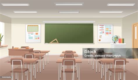 학교 교실 인테리어 과학과 교육을 공부하기위한 칠판과 책상이있는 밝고 넓은 객실입니다 만화 스타일의 벡터 일러스트 레이 션 0명에 대한 스톡 벡터 아트 및 기타 이미지