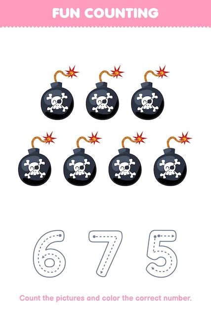 아이들을 위한 교육 게임은 귀여운 만화 폭탄 인쇄용 해적 워크시트에서 그림을 세고 정확한 숫자를 색칠합니다 프리미엄 벡터