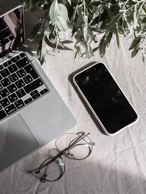 가젯 기기 기술 노트북 녹지 디지털 라이프스타일 매우 복잡한 미니멀리스트 비즈니스 사무용품 생산성 소통 스마트폰 스크린 스타일리시한 식물 안경