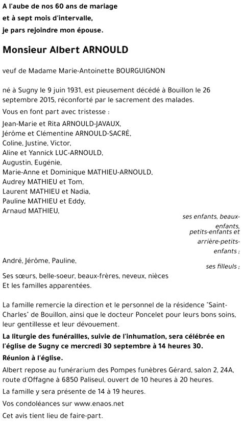 Avis De Décès De Albert Arnould Décédé Le 26092015 à Bouillon Annonce Condoléances Fleurs