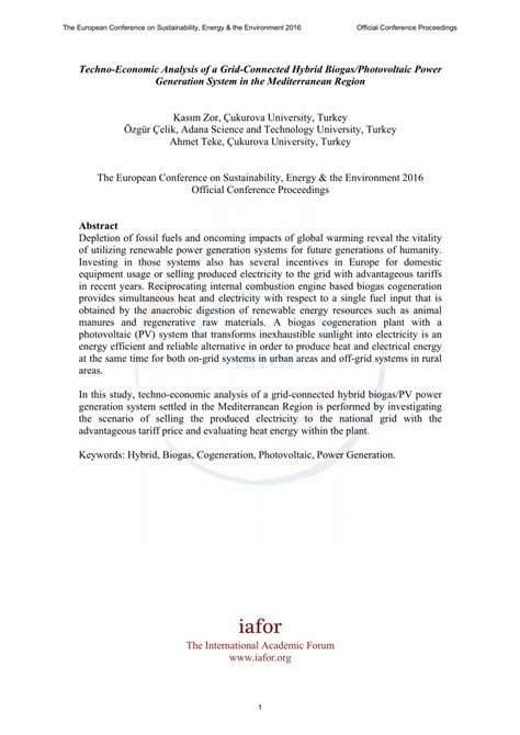 Pdf Techno Economic Analysis Of A Grid Connected Hybrid Biogas Photovoltaic Power Generation