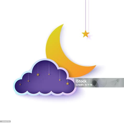 구름 프레임과 달의 밤 하늘종이 잘라 내기 스타일 밧줄과 초승달 종이 컷 예술에 황금 별과 3d 배경을 잘라 귀여운 종이 접기 구름 스케이프 벡터 좋은 밤 또는 달콤한 꿈