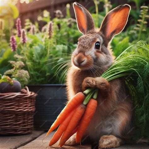 Premium Vector A Rabbit Holding Carrots In Its Mouth And A Basket Of